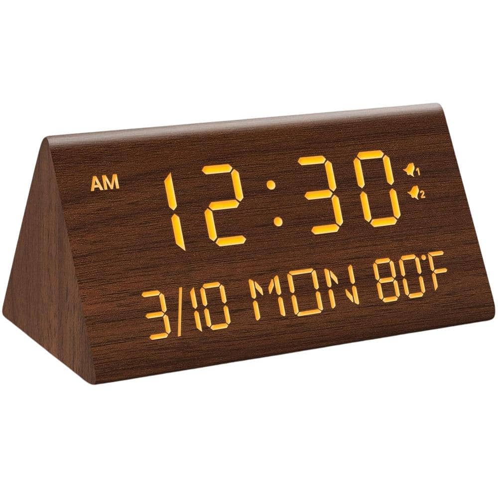 Afoxsos Wooden Brown Digital Alarm Desk Clock 2 Alarm Setting 0-100% ...