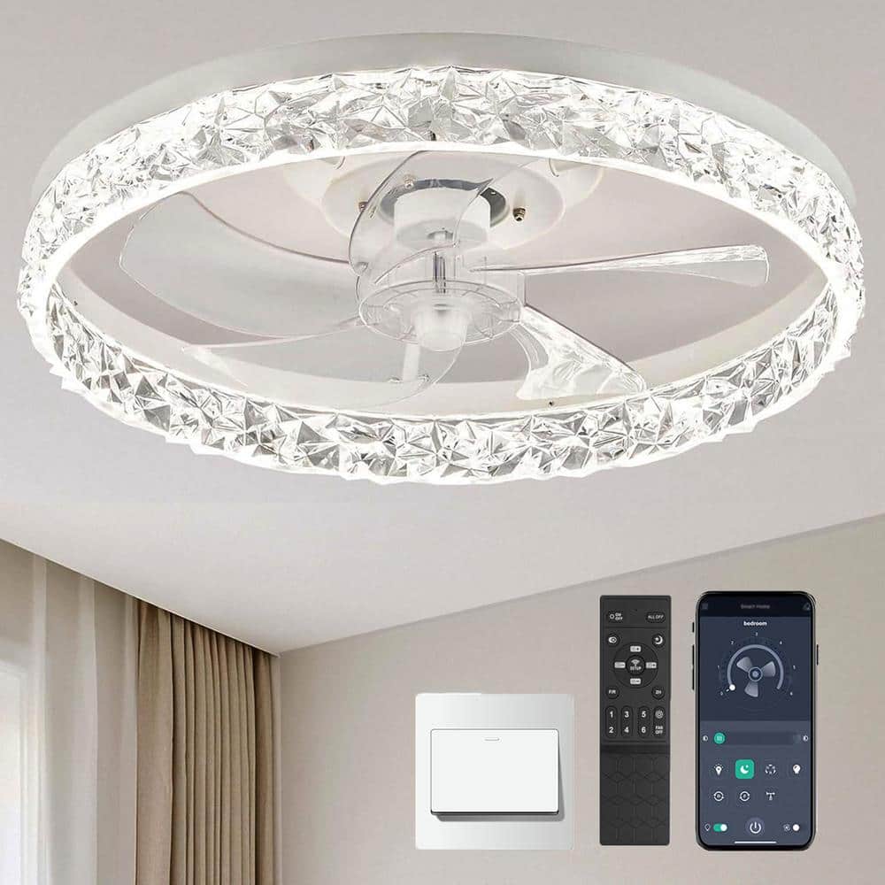 Ltemziiy 20 in. Indoor Modern White Crystal Flush Mount Ceiling Fan ...