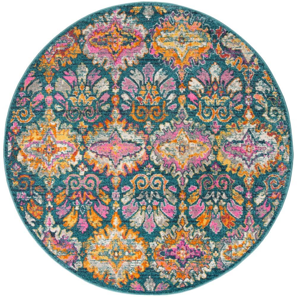 SAFAVIEH Madison Blue/Orange 7 ft. x 7 ft. Round Floral Area Rug ...