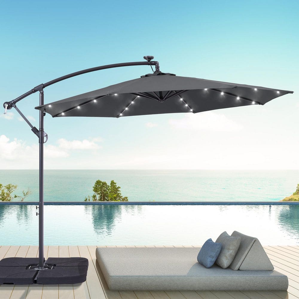 JOYESERY 10 ft. Patio Offset Solar LED Umbrellas 50 Plus UV Protection ...