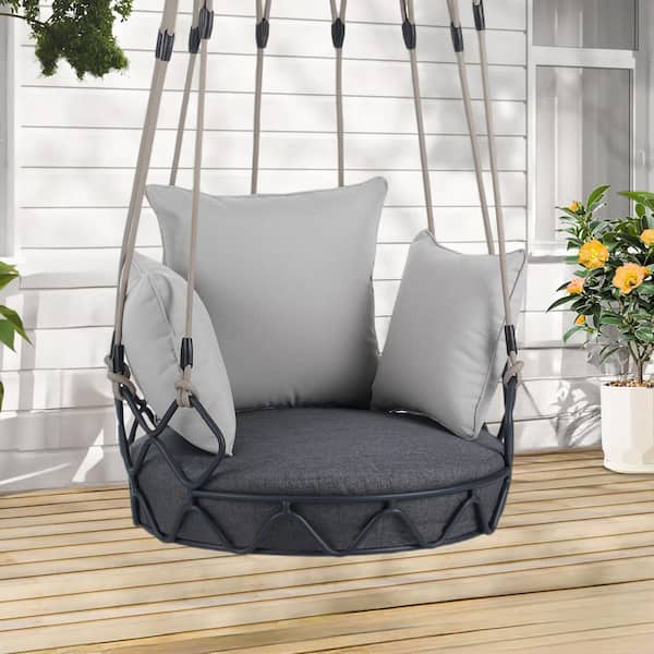 Metal Outdoor Porch Swing Chair, Patio Hanging Chair With Gray Cushion ...