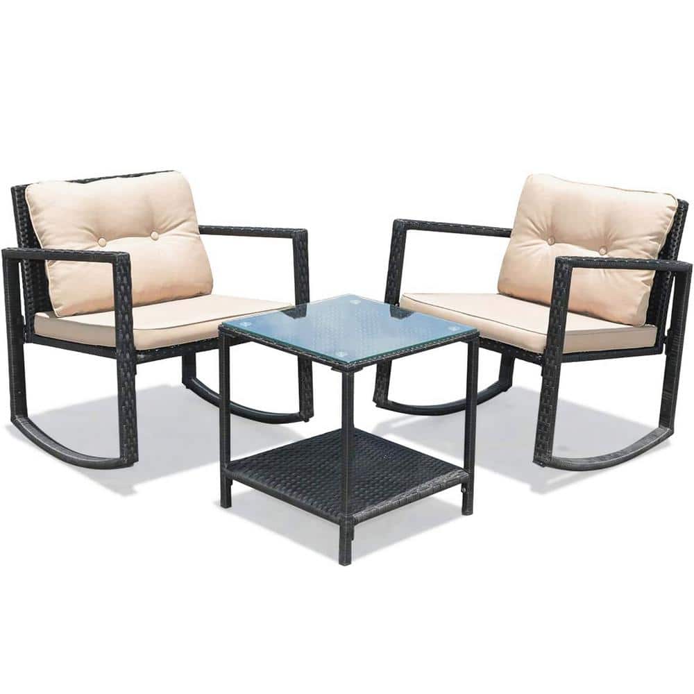 SUGIFT Black Wicker Outdoor Rocking Chairs Set with Beige Cushions ...