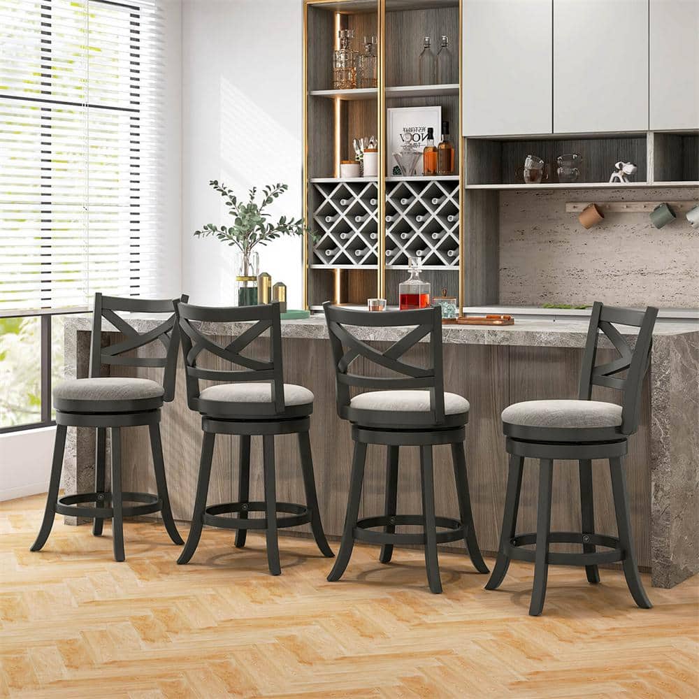 Costway 27 in. Swivel Grey Wood Bar Stools Soft-Padded Seat with Hollow ...