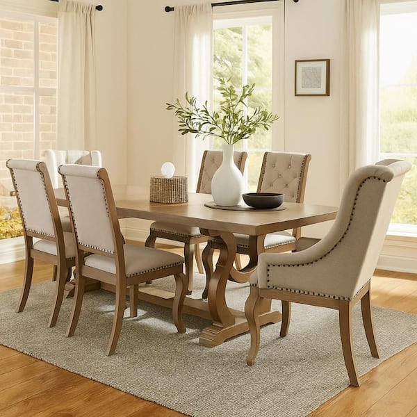 Benjara Sev 7-Piece Rectangle Barley Brown and Cream Wood Top Dining ...