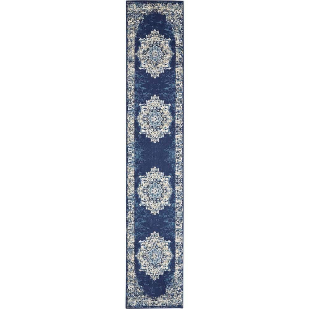 Nourison Grafix Navy Blue 2 ft. x 8 ft. Persian Medallion Transitional ...
