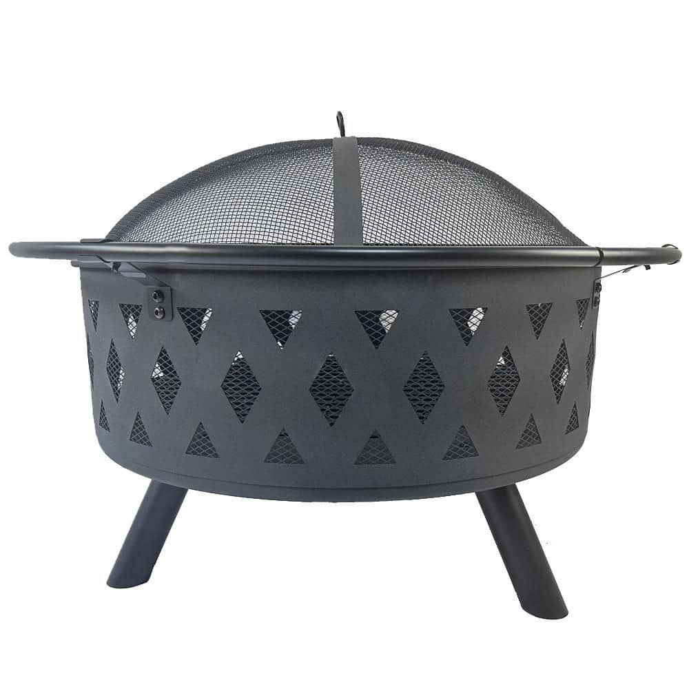 maocao hoom Round Fire Pit with Net Cover, Fire Poker, Diamond Mesh ...