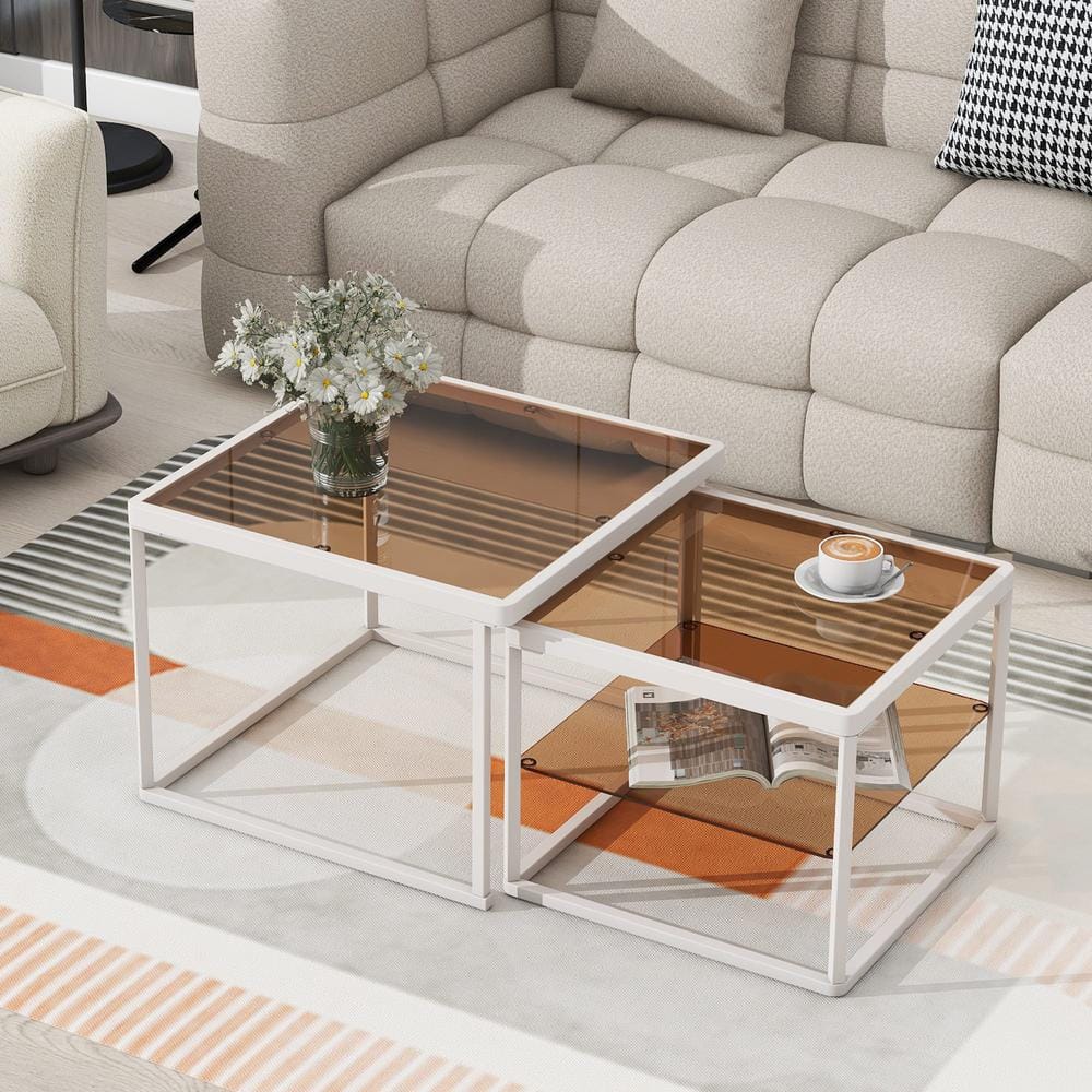 Zeus & Ruta Modern White Nested Coffee Table Set with High-low Combination Design, Brown ...