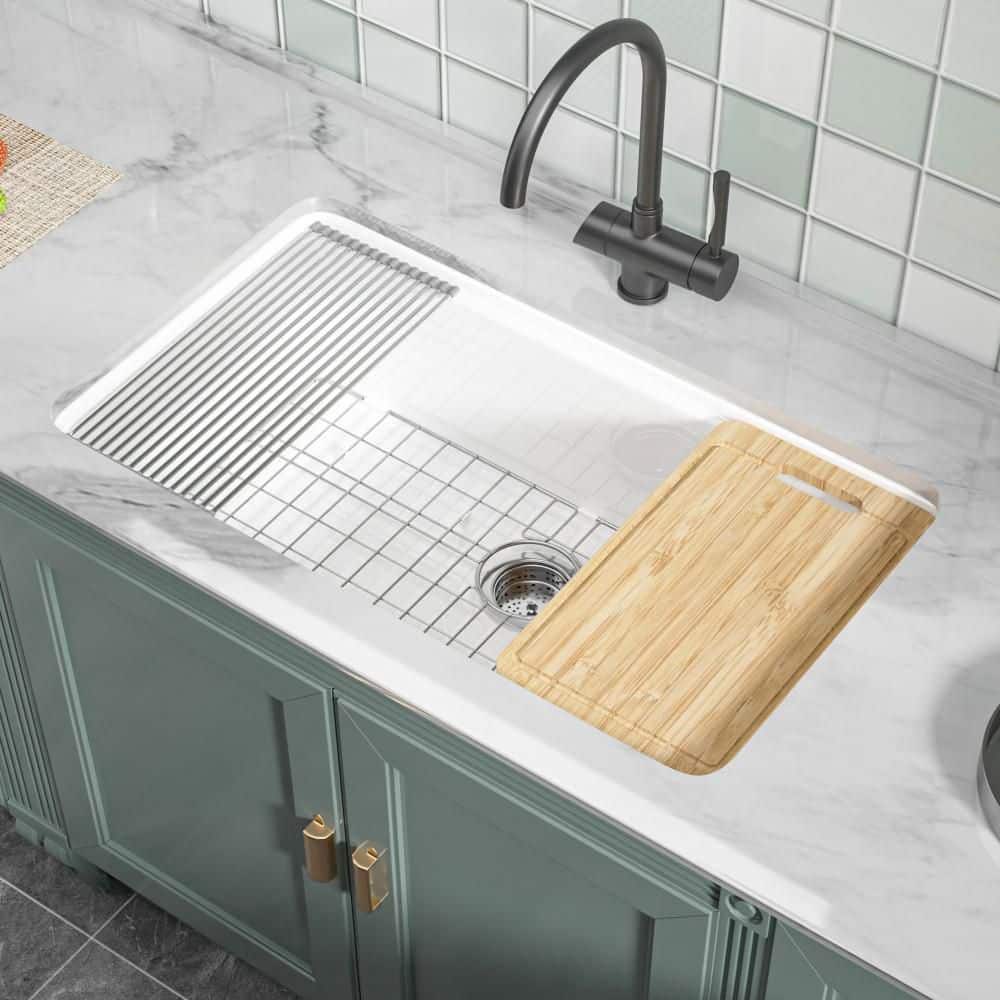 Vomlor Fireclay Workstation Kitchen Sink 33 in. Dual Drop-In/Undermount ...