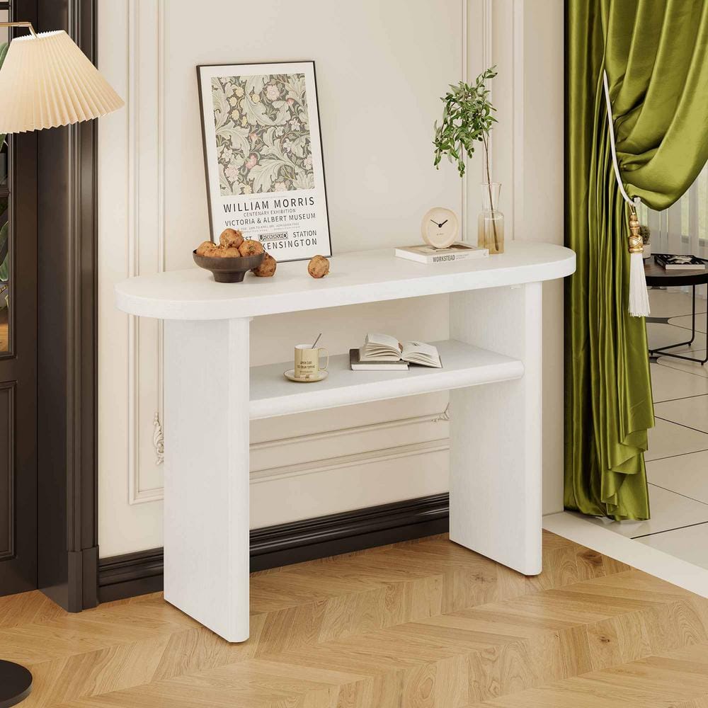 Polibi 47.8 in. Antique White Rectangle Wood Console Table with Rounded ...