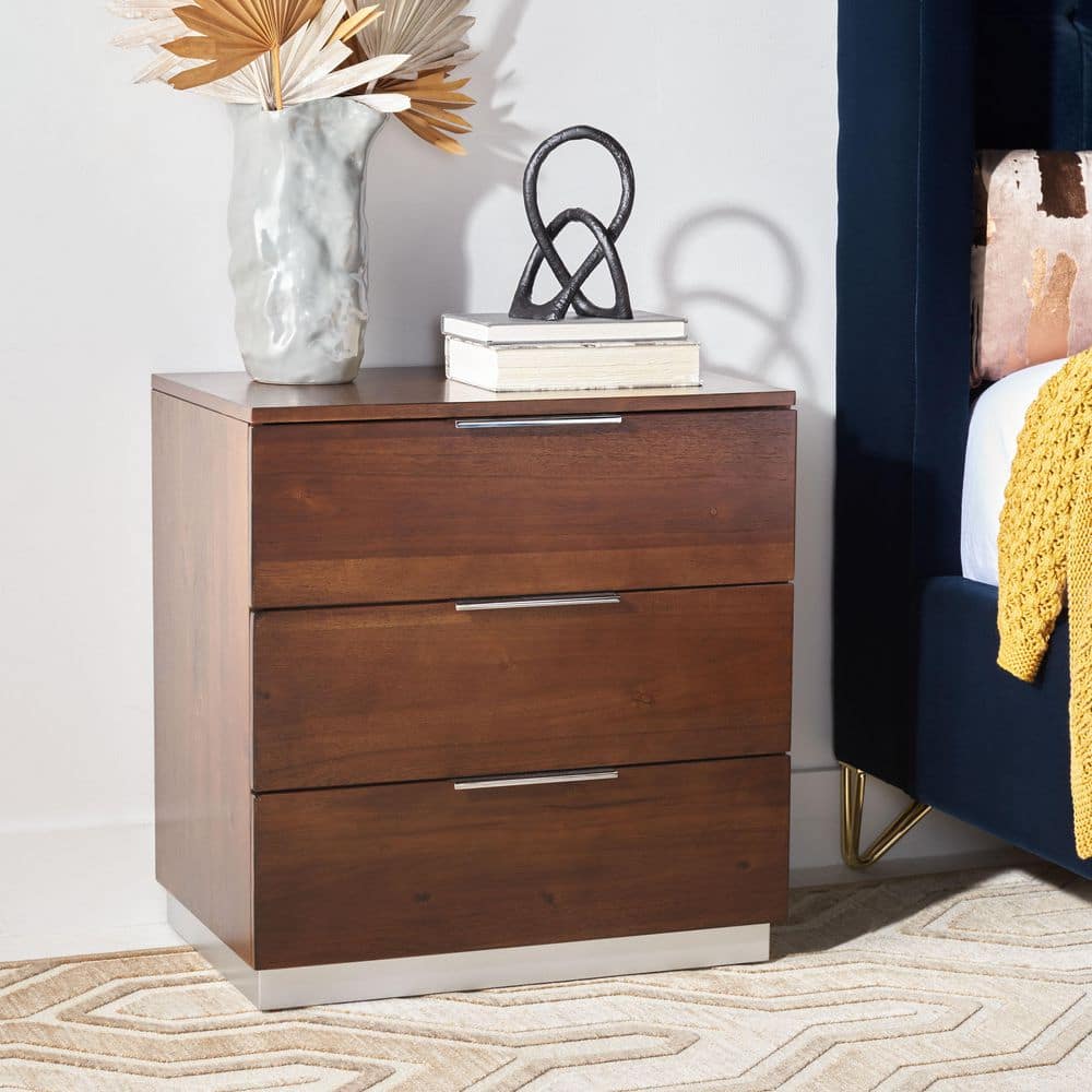 SAFAVIEH Brylin Dark Walnut 3-Drawer Nightstand NST6404A - The Home Depot