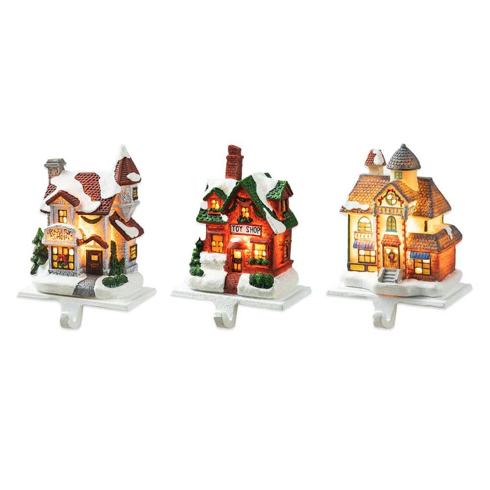 Glitzhome 6 in. H Lighted Resin House Stocking Holder (Set of 3 ...