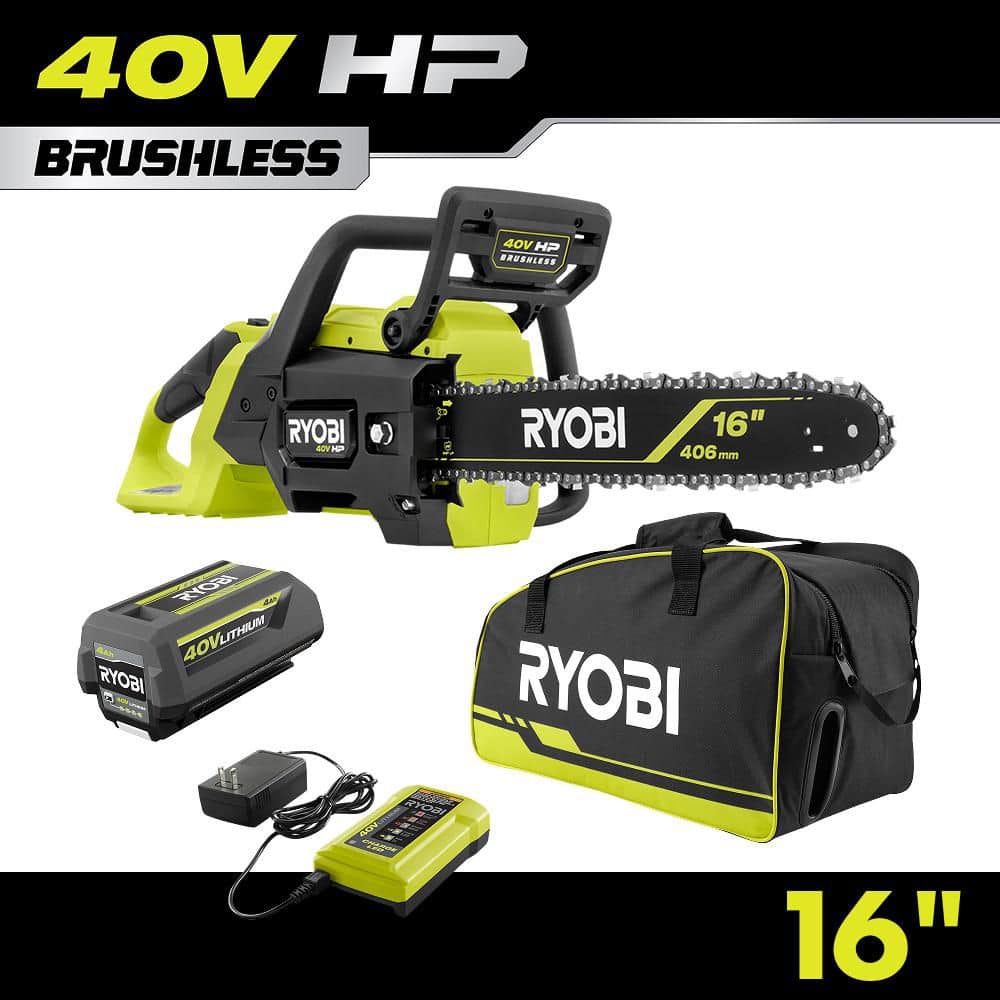 RYOBI 40V HP Brushless 16 in. Battery Chainsaw with Universal Chainsaw ...
