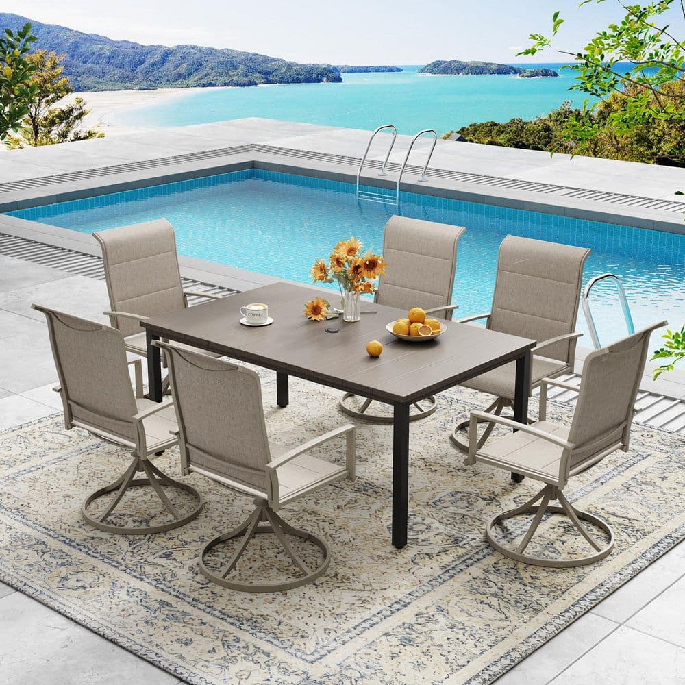 DIFY 7-Piece Metal Textilene Outdoor Dining Set with Gray Wood-Like ...