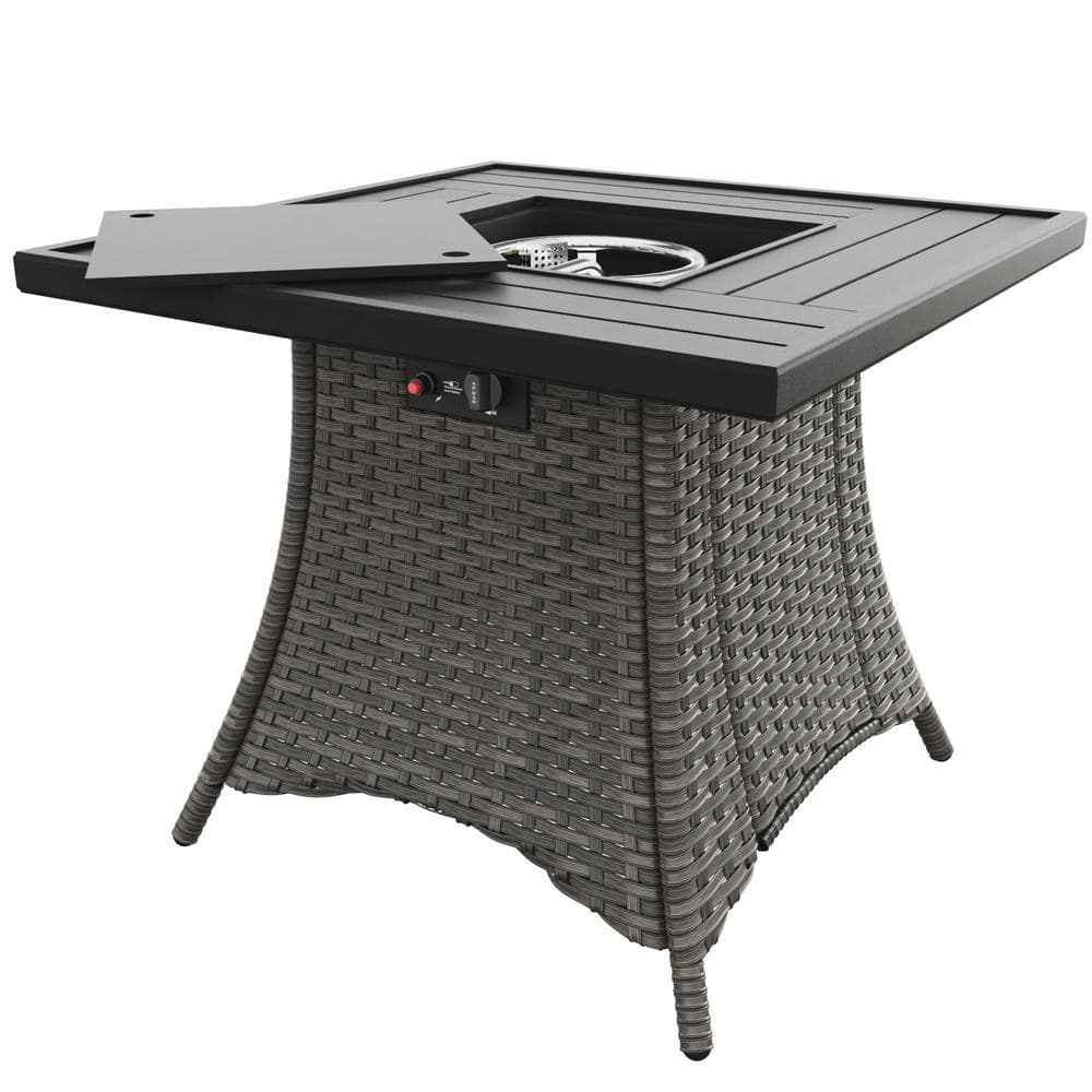 JOYSIDE 31.7 in. Gray Wicker Fire Pit Table Outdoor Patio Propane Gas ...