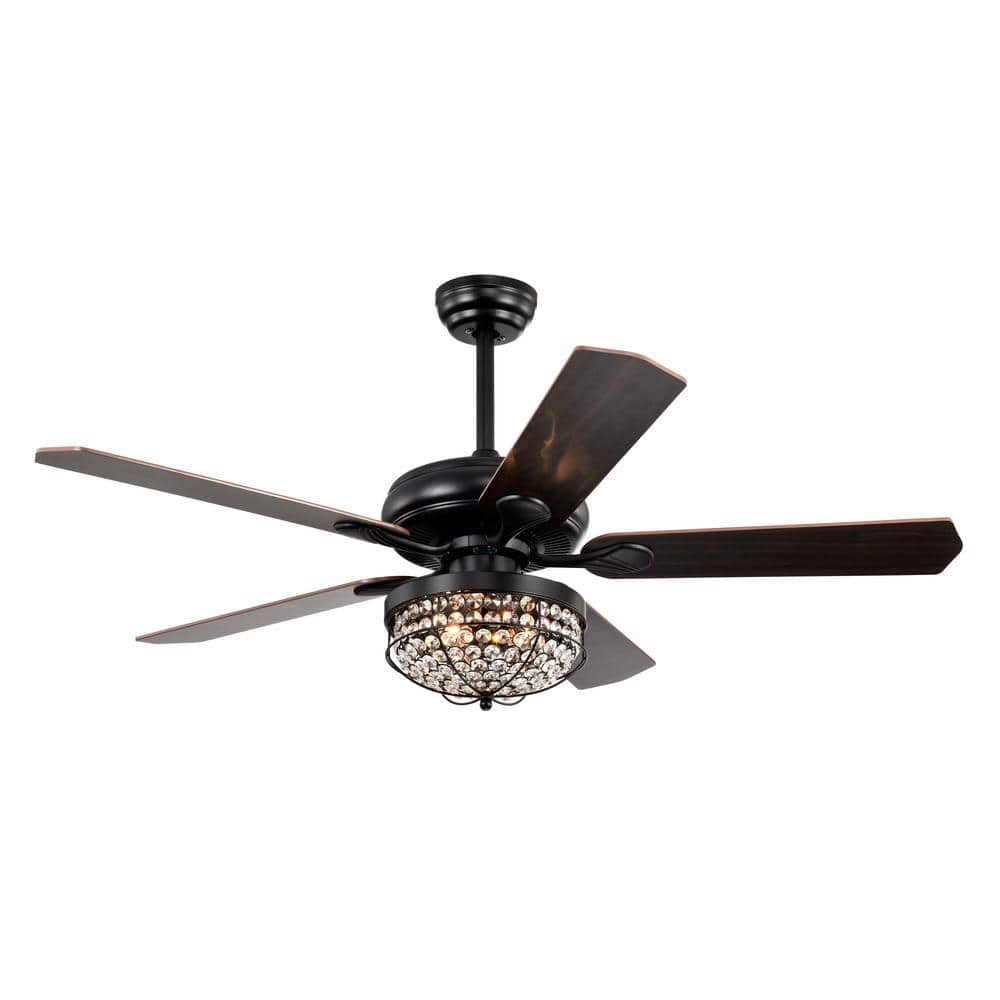 52 in. Indoor Matte Black Standard 3-Speeds Decorative Crystal Ceiling ...