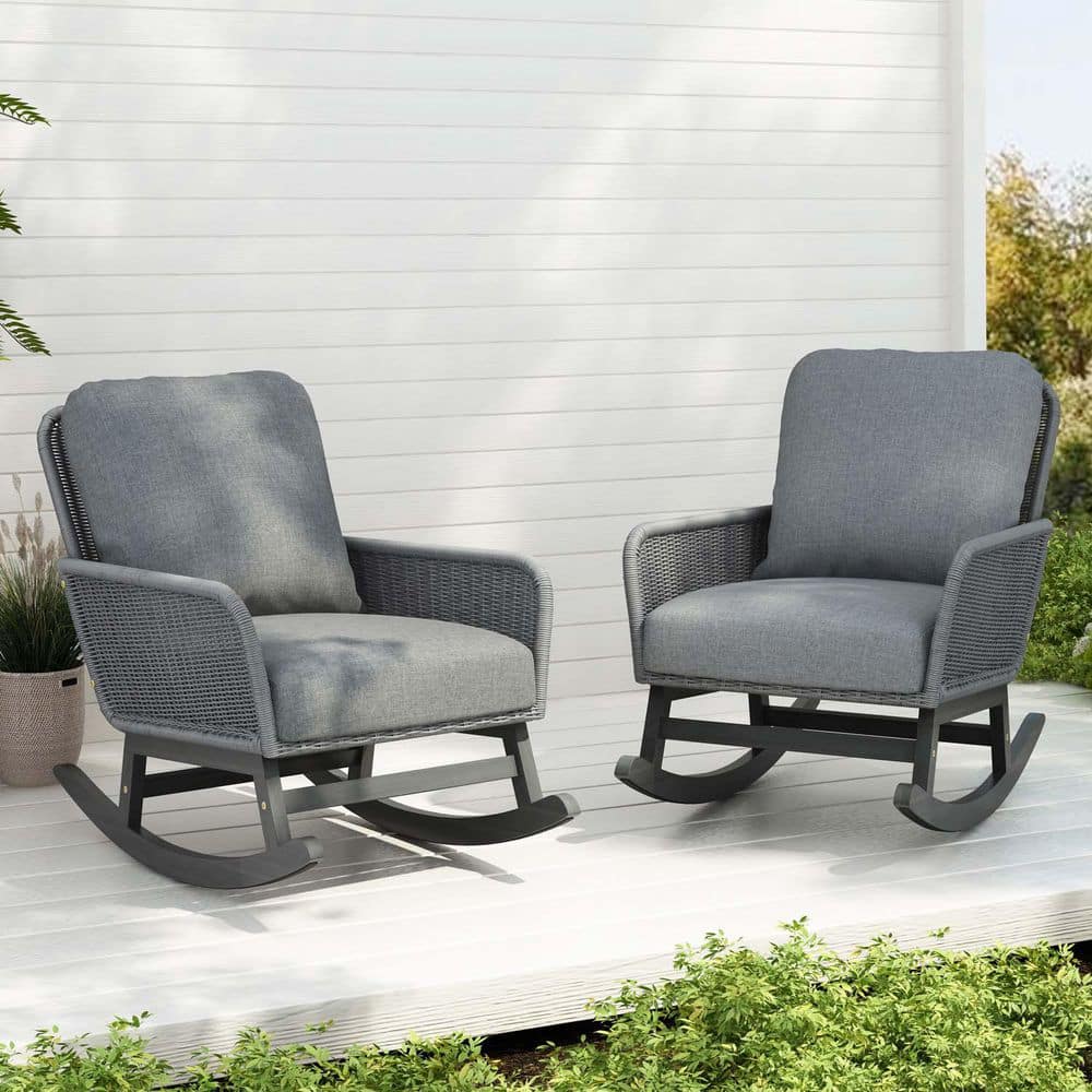 Gray Wood Outdoor Rocking Chair with Gray Cushions, Accent Outdoor ...