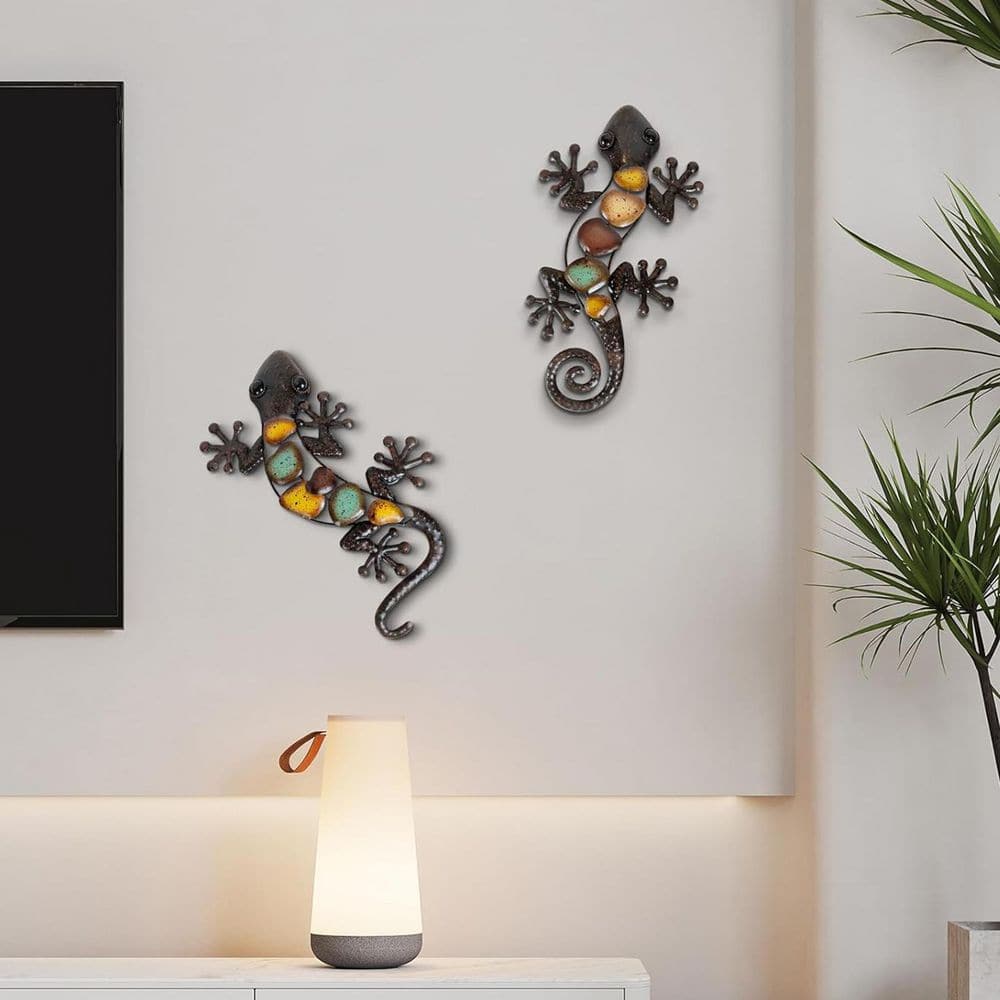 2 Pack, Metal Lizard Wall Art Decor Hangin, 8 in. x 15 in, Brown Glass ...