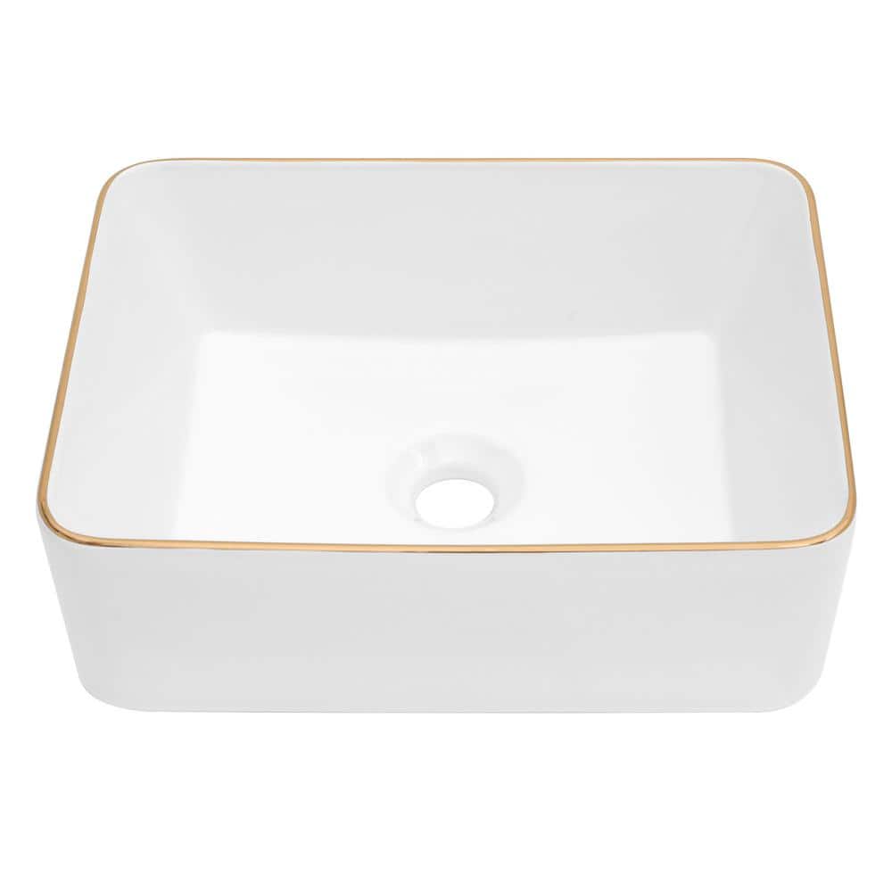 Logmey 16 in. Rectangle White Ceramic Vessel Sink with Gold Rim Above ...