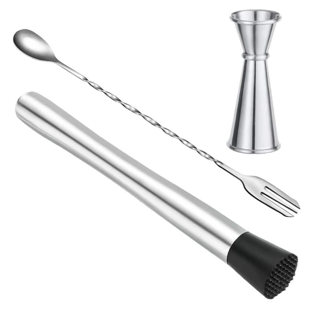 Esepony Silver Muddler, Cocktail Spoon and Jigger Set with Stylish Rust ...