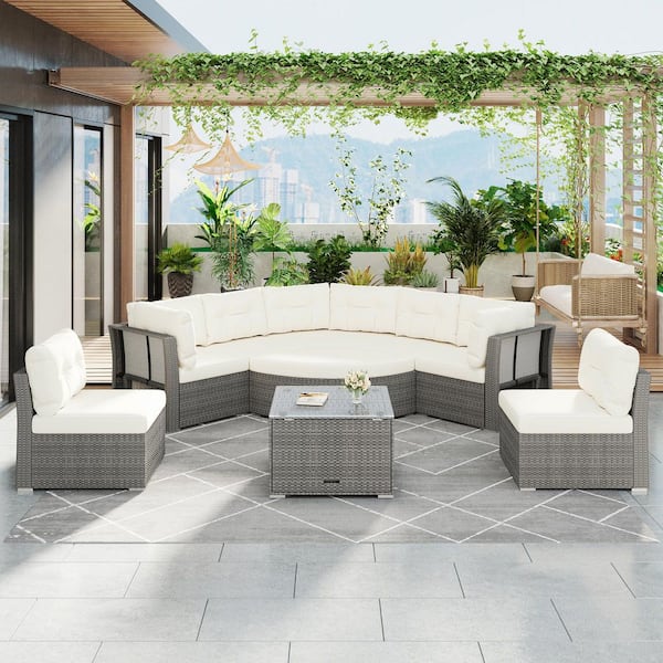 Tenleaf 9-Piece Wicker Patio Conversation Set with Beige Cushions ...