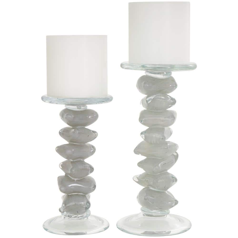 Litton Lane Clear Glass Handmade Stacked Stone Candle Holder (Set of 2 ...