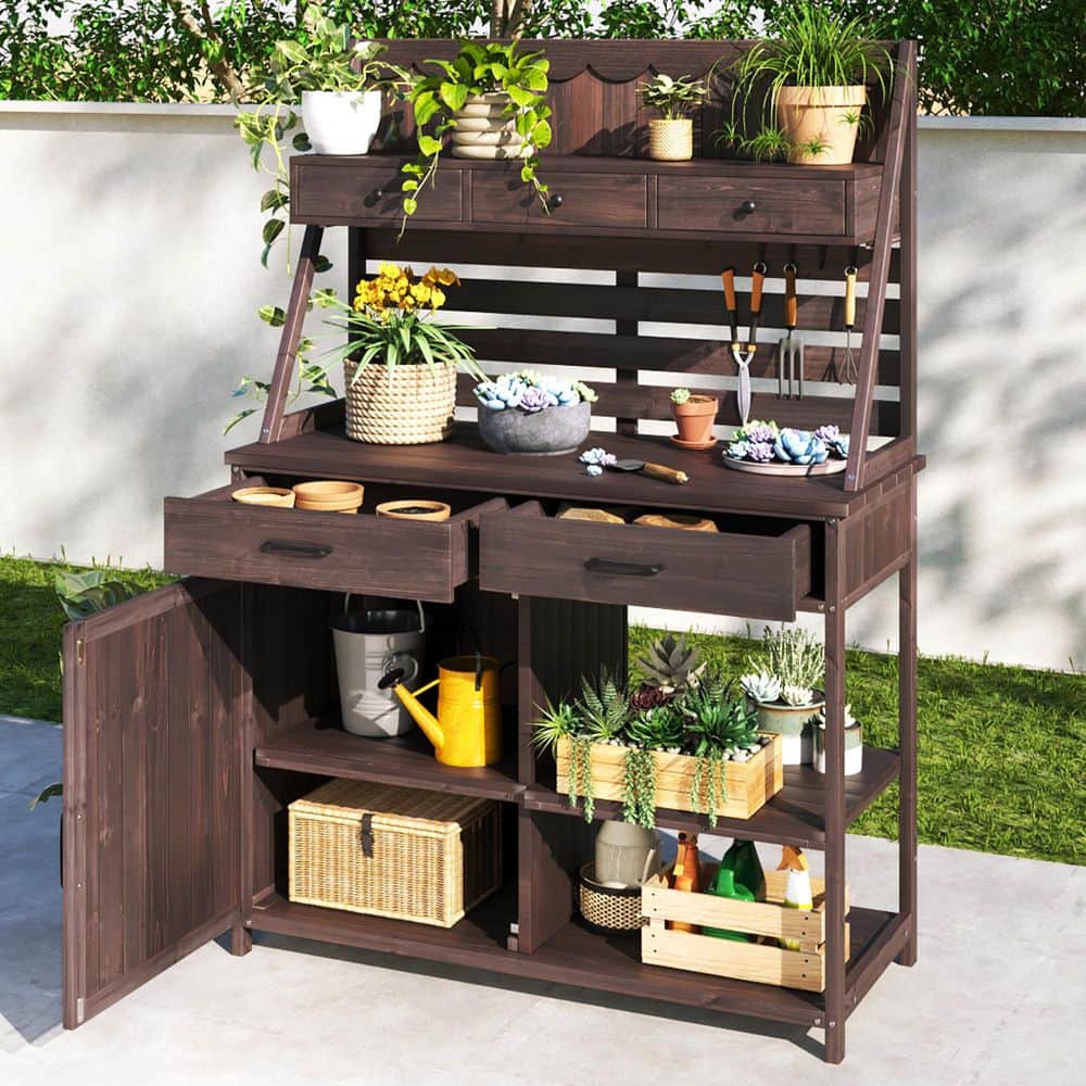 18 in. W x 65 in. H Brown Fir Wood Potting Bench-5-Drawer Garden ...