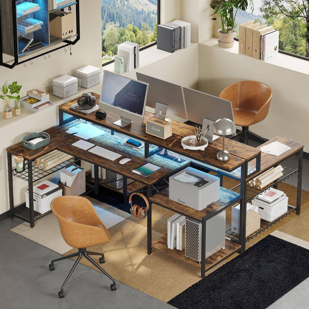 Bestier 71.5 in. L-Shaped Rustic Brown LED Desk with Monitor Stand ...