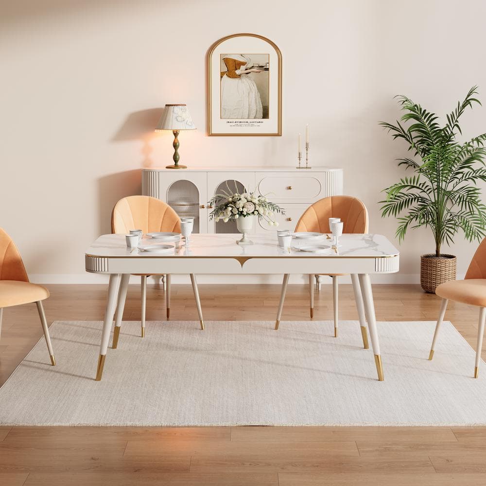 JASIWAY 63 in. Rectangle Beige Sintered Stone Top Dining Table with ...