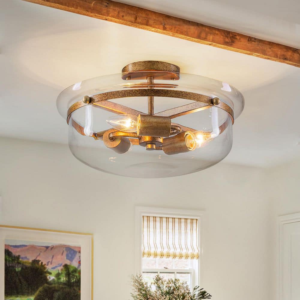 ZYZWMB Piper 15 in. Farmhouse 3-Light Rusty Brass Semi Flush Mount ...