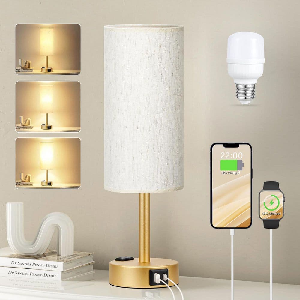 14 in. Gold Standard Table Lamp for Bedroom with USB C A Charging Ports ...