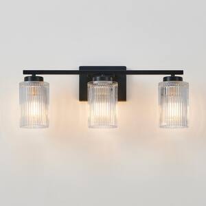 KAWOTI 22 in. 3-Light Brushed Nickel Vanity Light with Clear Ribbed Glass Shades 21406 - The ...