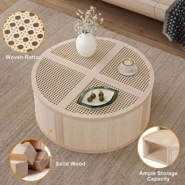 4 Piece Round to Square Wood and Wicker Block Modular Coffee Table with Storage Light Natural