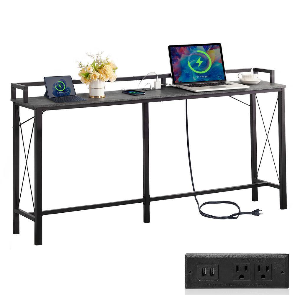 VECELO Narrow Charging Station 55.1 in. Gray Rectangle Wood Console ...