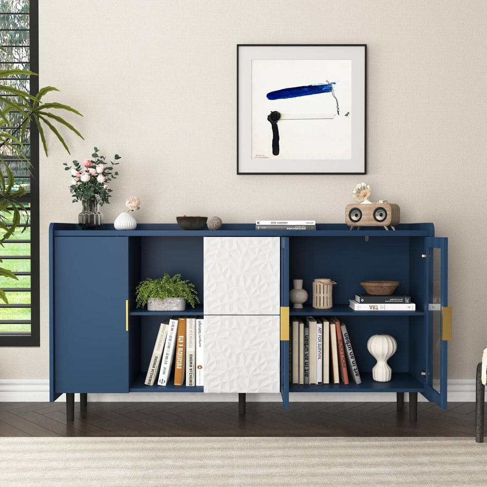 Nestfair Blue MDF 59.1 in. W Sideboard Pantry Storage Cabinet with 2 ...