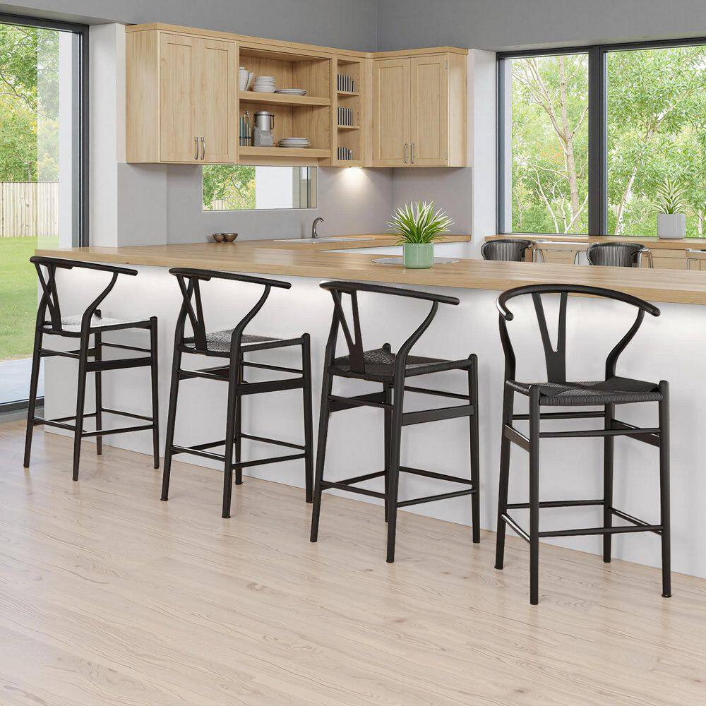 Lirago Black Counter Height Fully Assembled Wishbone Bar Stool FXHD0204 ...