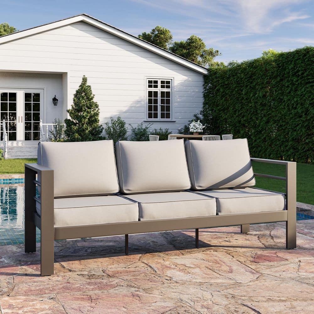 Poteban Oversized Dark Gray Aluminum Outdoor Patio 3-Seat Couch with 5 ...