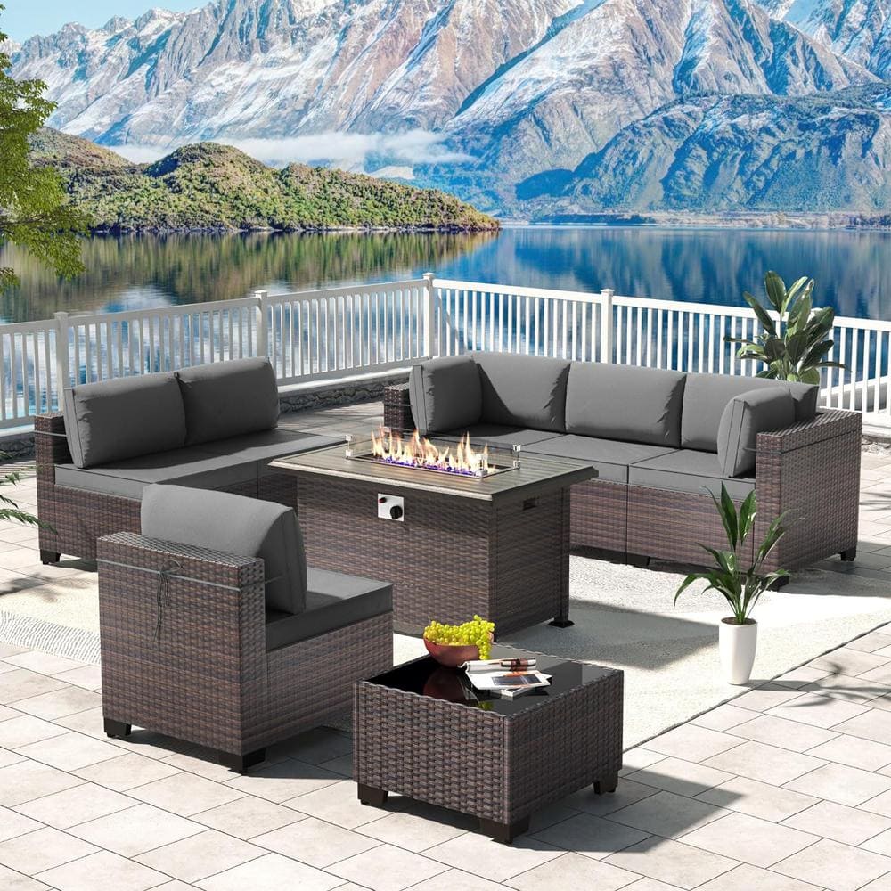 Halmuz 8-Piece Wicker Patio Conversation Set with 55000 BTU Gas Fire ...