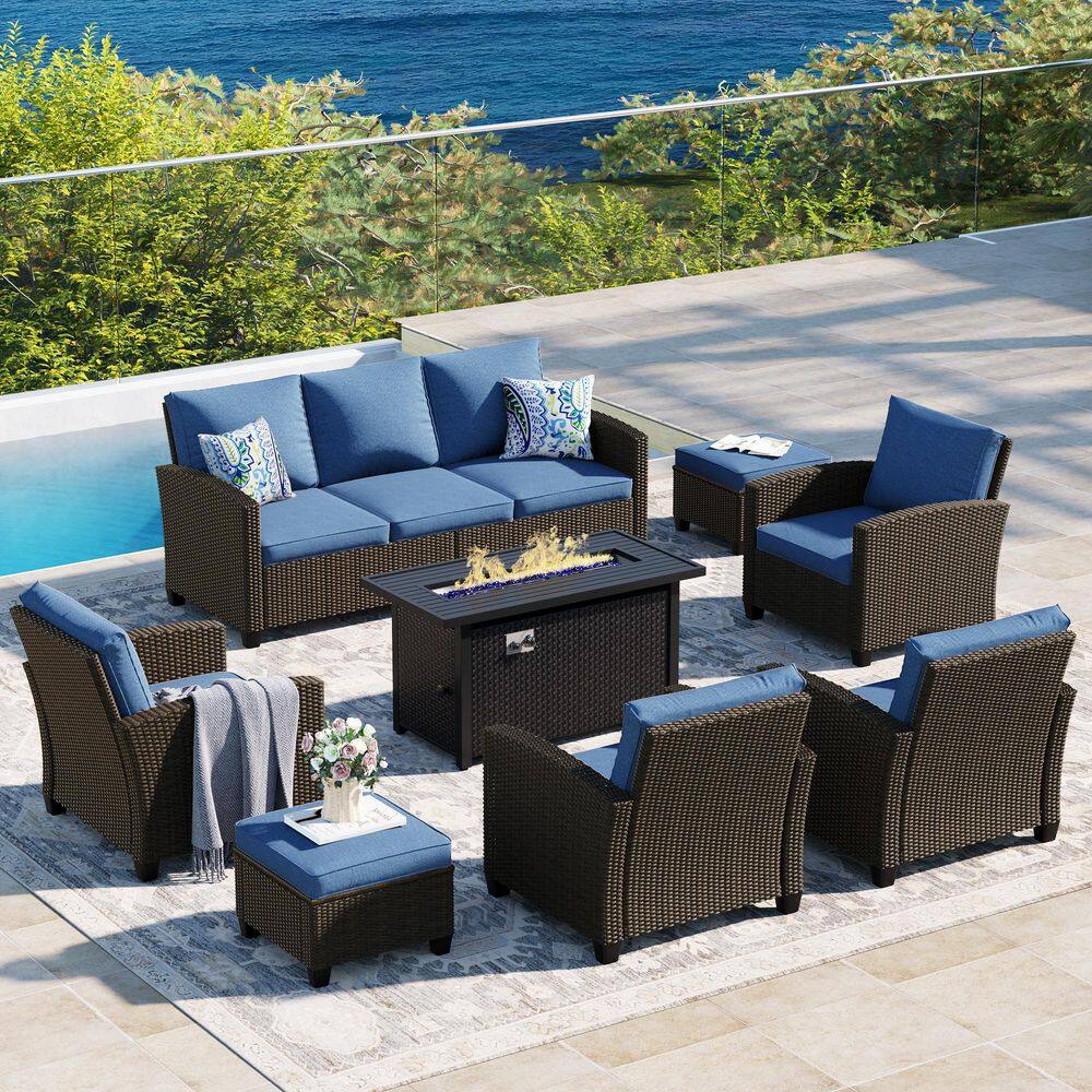 DIFY 8-Piece Wicker Outdoor Patio Fire Pit Conversation Set with Sofa, Chairs, Ottomans and Blue ...