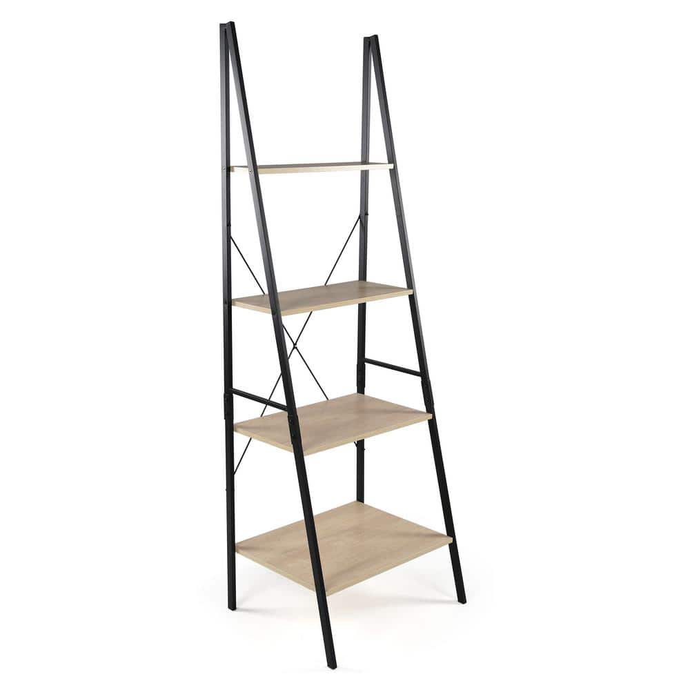 Good Jupiter 70.9 in. Black/White Oak Metal 4-shelf Ladder Bookcase ...