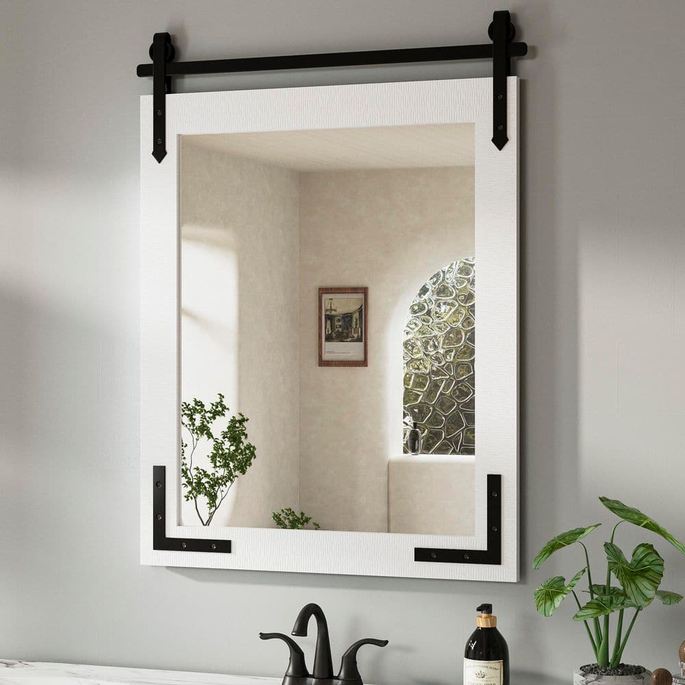 KeonJinn 22 in. W x 30 in. H Rectangular Barn Door White Mirrors Wood ...