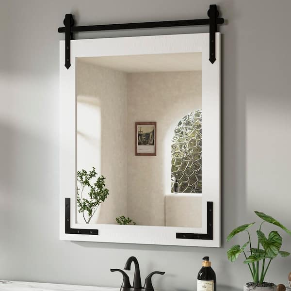 KeonJinn 22 in. W x 30 in. H Rectangular Barn Door White Mirrors Wood ...