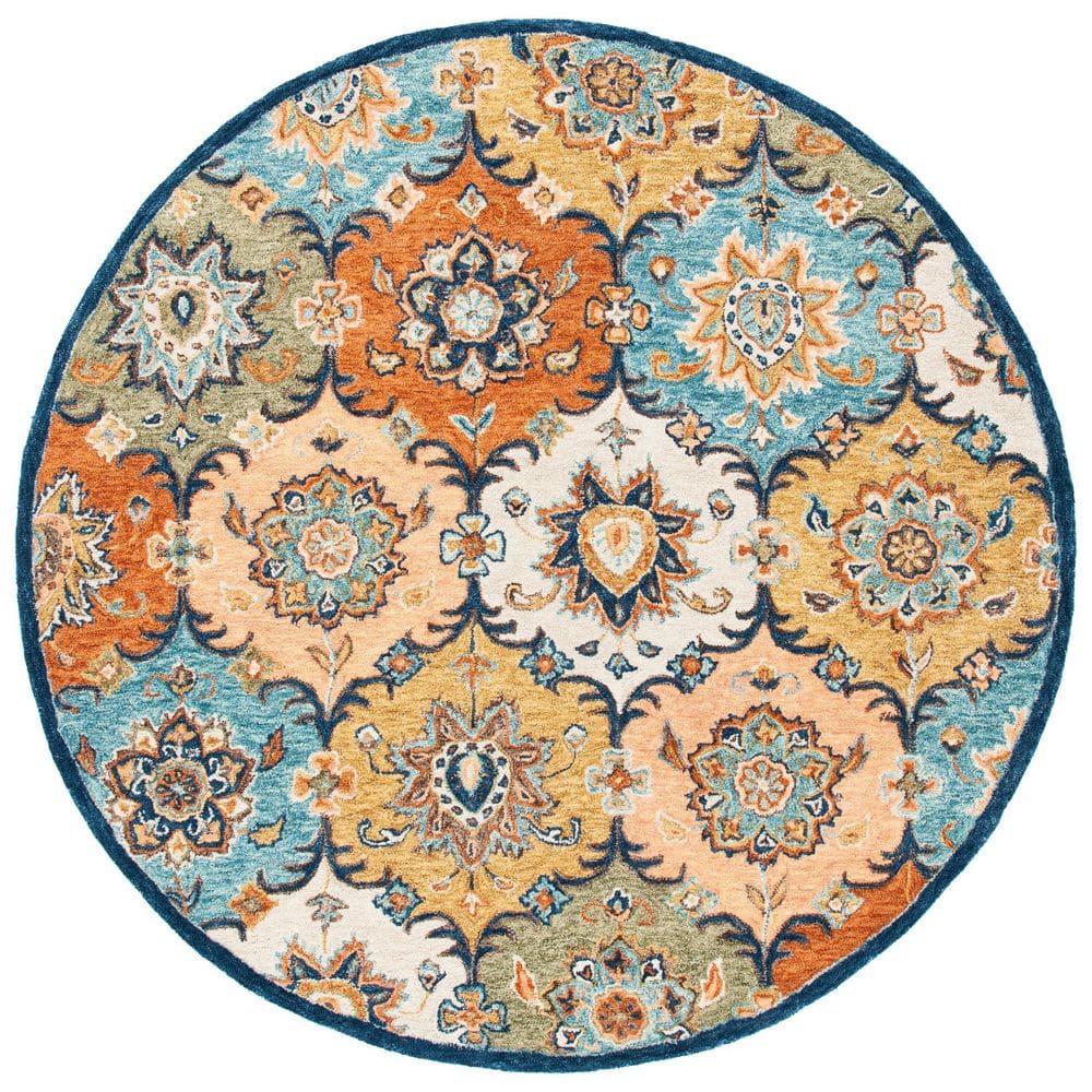 SAFAVIEH Heritage 6 ft. x 6 ft. Blue/Rust Quatrefoil Ornate Round Area ...