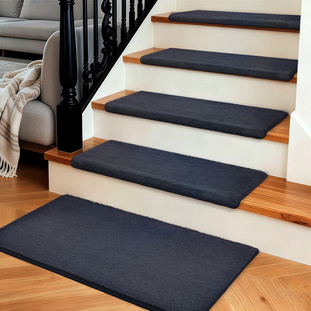 PURE ERA Plush Dark Gray 9.5 in. x 30 in. x 1.2 in. Bullnose Polyster Carpet Stair Tread Cover ...