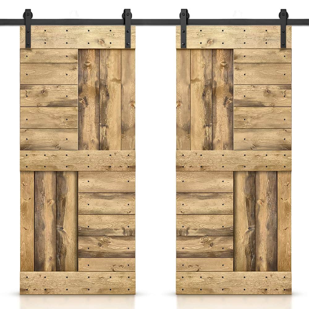 CALHOME 60 in. x 84 in. Weather Oak Stained DIY Knotty Pine Wood Interior Double Sliding Barn ...