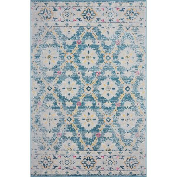 LR Home Anamica Distress Gray/Blue 7 ft. 9 in. x 9 ft. 9 in. Floral ...