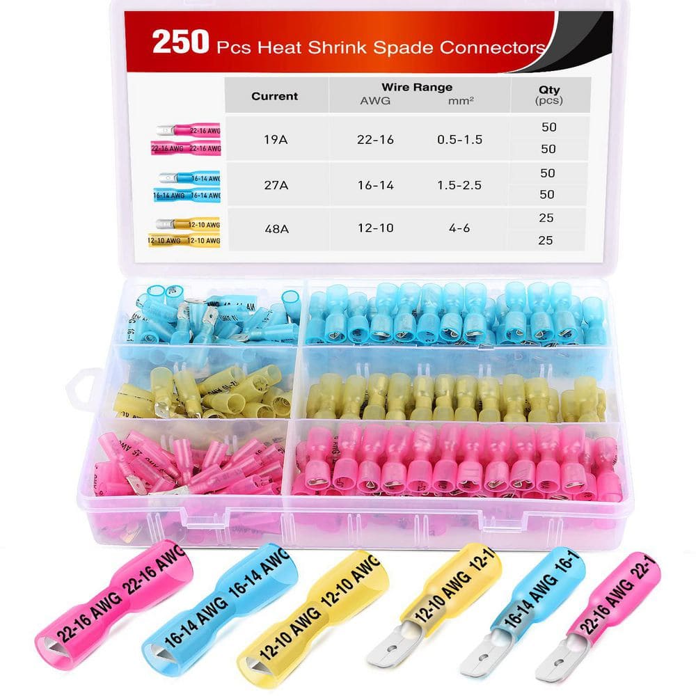 250-Pack Heat Shrink Spade Connectors Quick Disconnect Wire Connectors ...