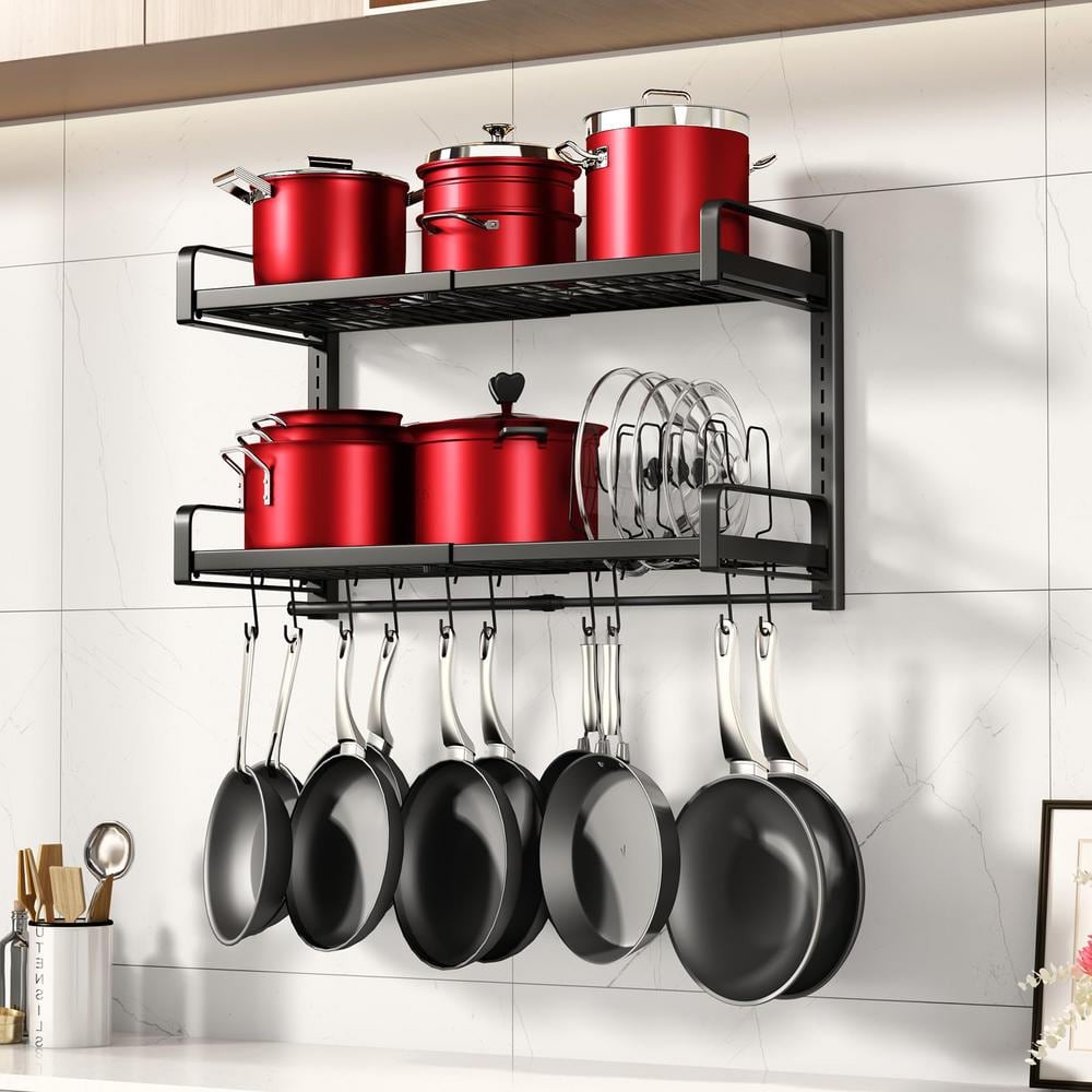Numhew Black 19 in. to 30 in. Expandable Wall Mounted Pot Rack with 10 ...