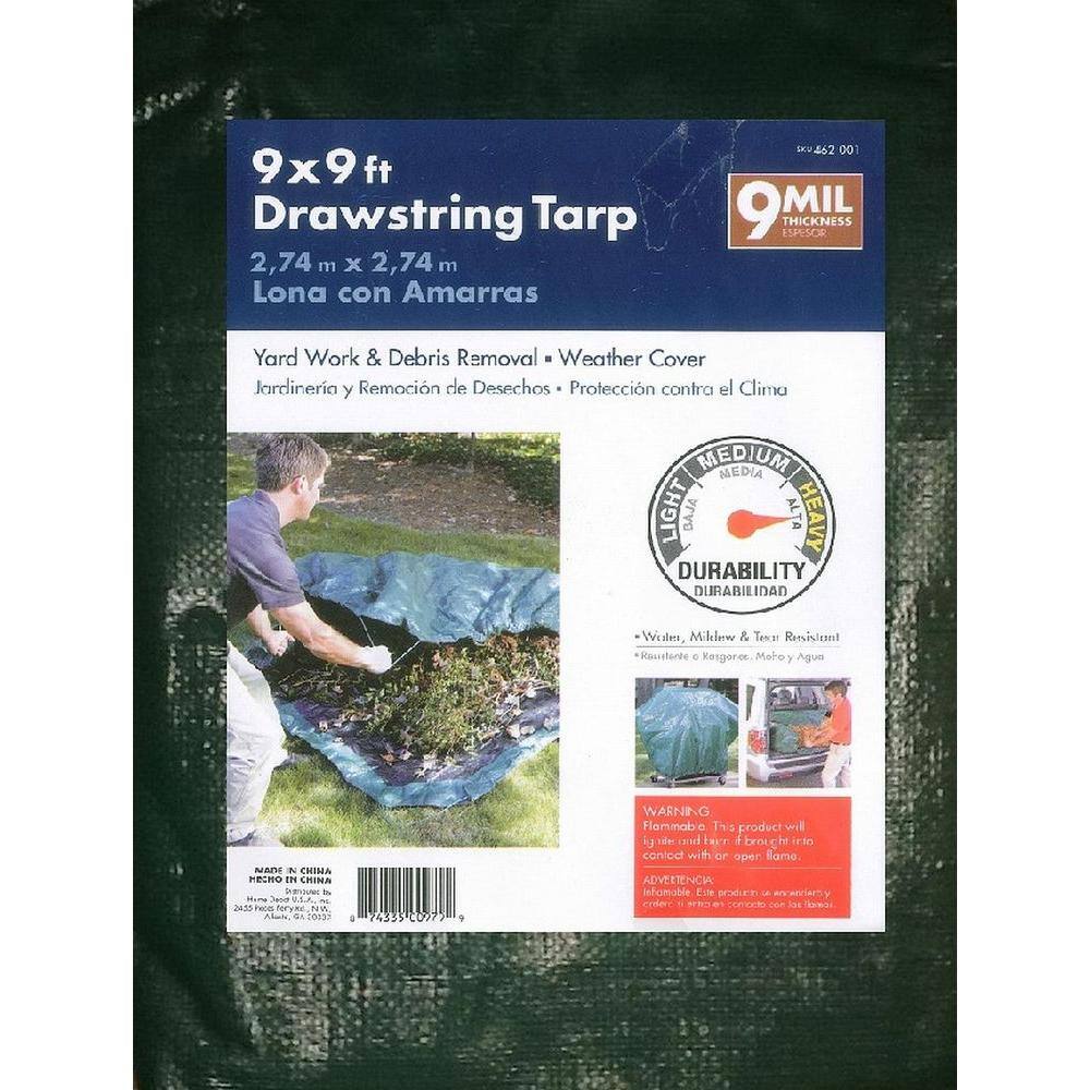Everbilt 9 ft. x 9 ft. Black and Green Medium Duty Drawstring Tarp ...