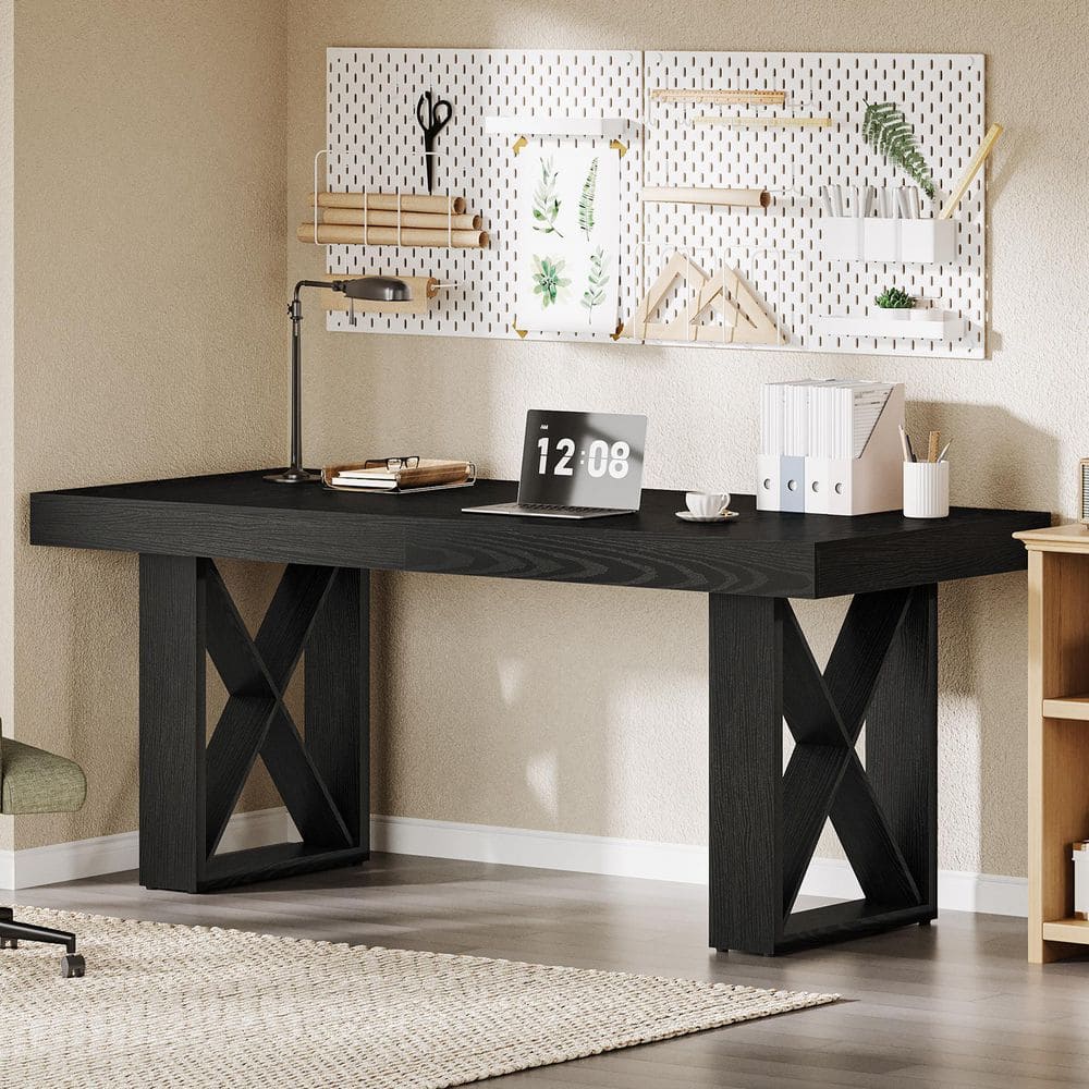 BYBLIGHT Moronia 63 in. Rectangle Black Wood Computer Desk with X ...