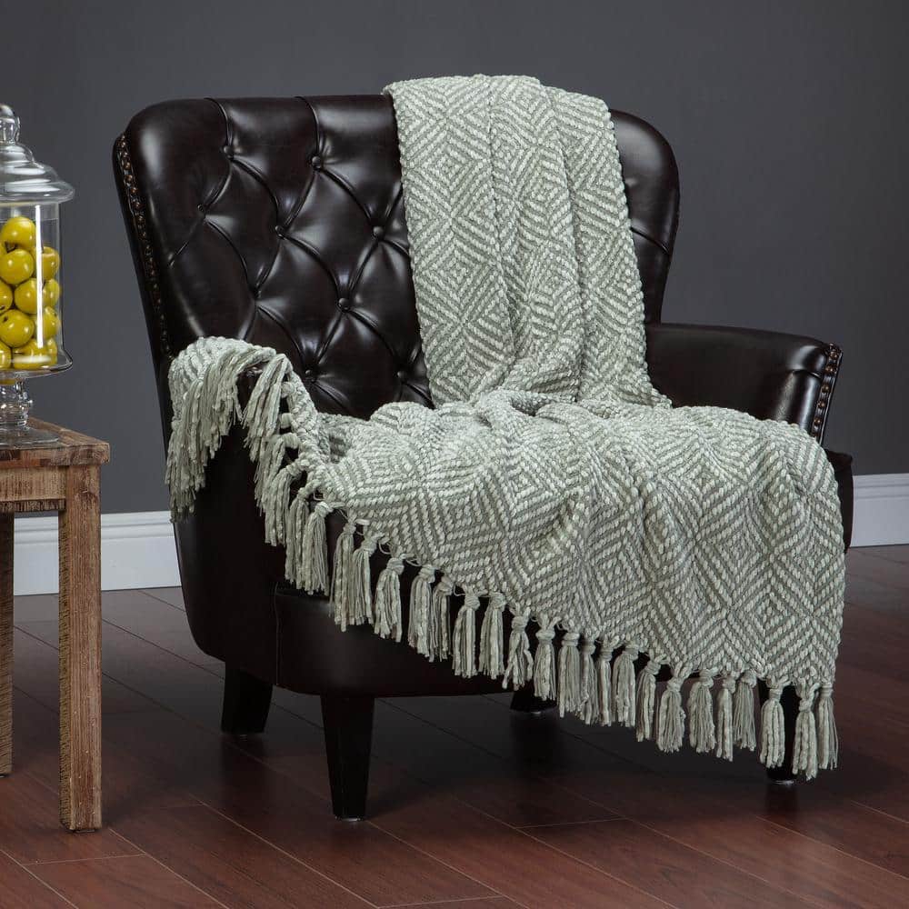CHANASYA Chenille Sage Knit Diamond Textured Throw Blanket with Tassels ...